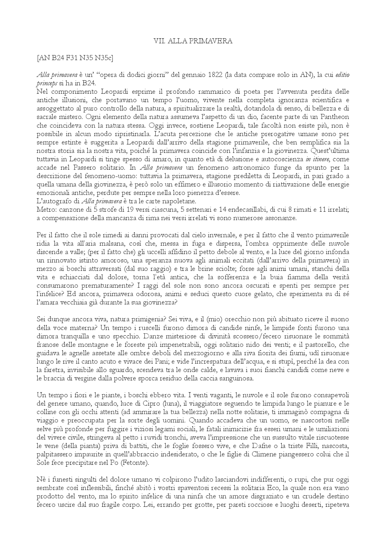 Leopardi Canti Commento E Parafrasi Docsity