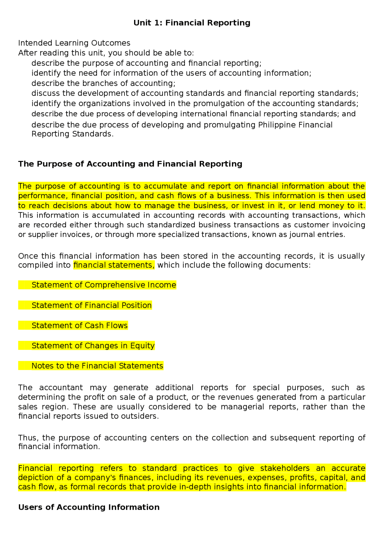 Finacial reporting unit 1 - Docsity