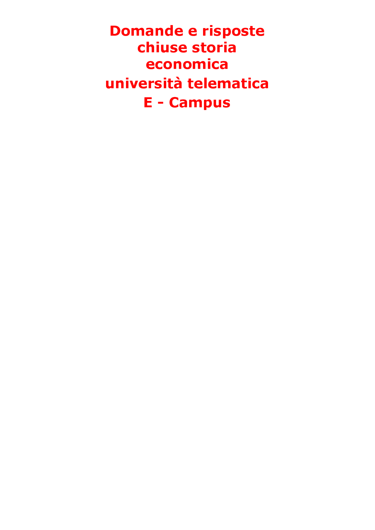 Storia Economica Test Domande E Risposte Chiuse Ecampus Docsity