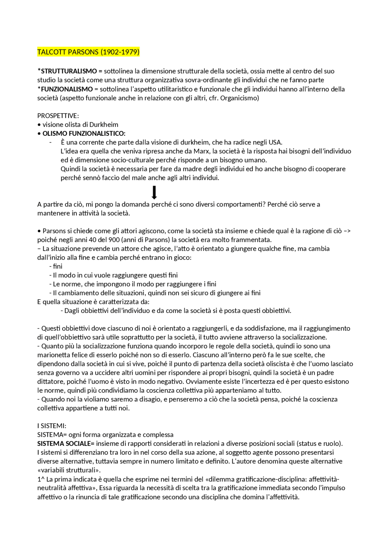 Il Sociologo Talcott Parsons Docsity