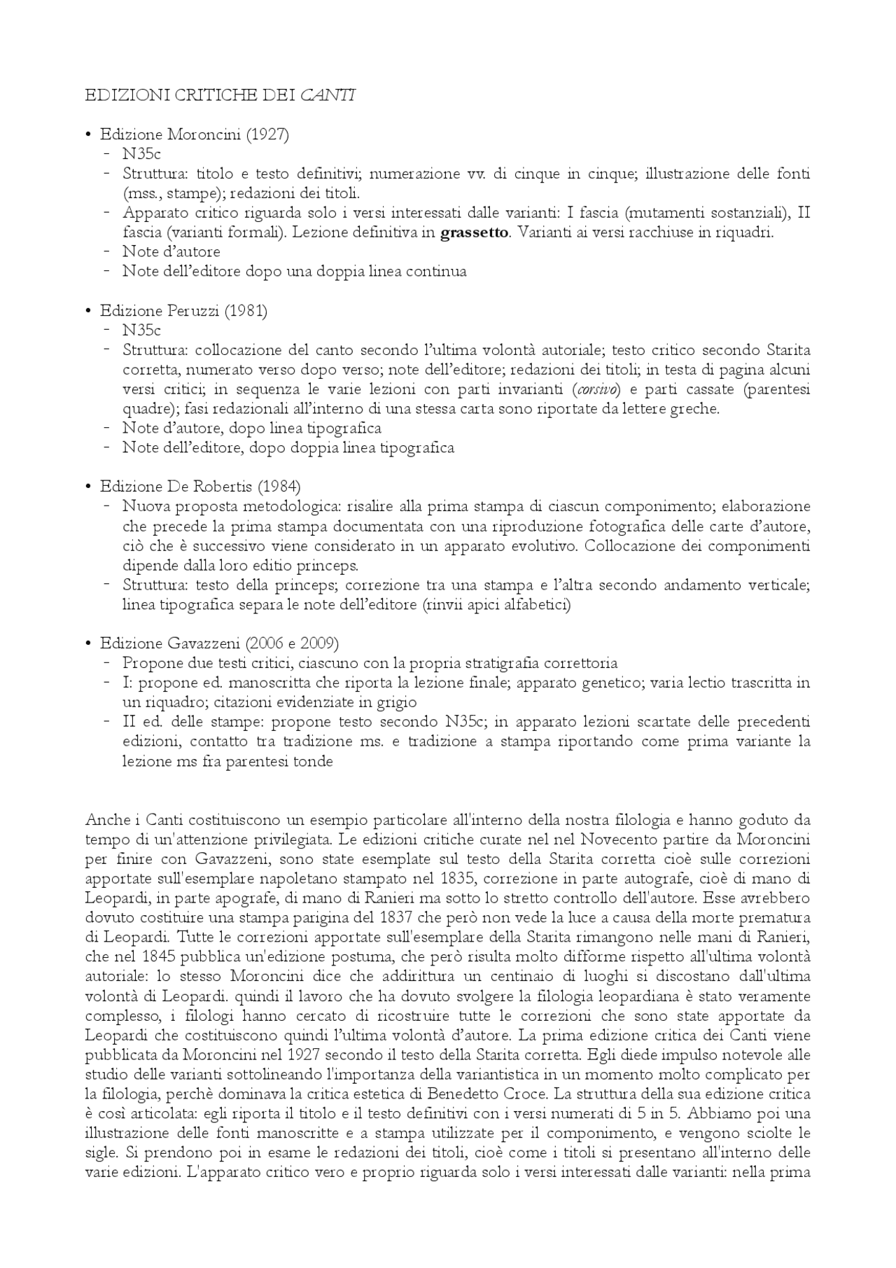 Edizioni Critiche Dei Canti Di Leopardi Docsity