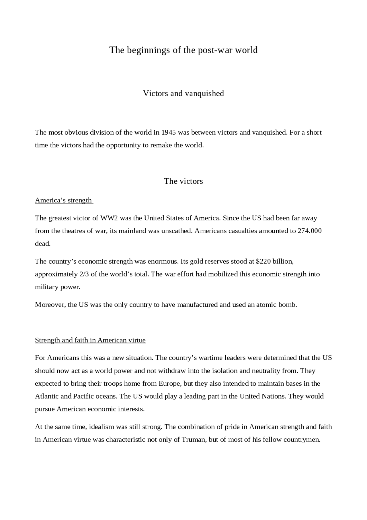 The beginnings of the post-war world - Docsity