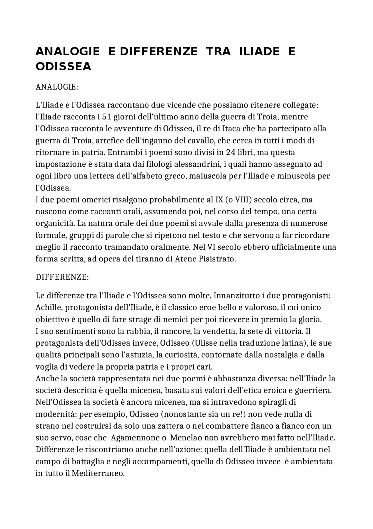 Differenze Tra Iliade E Odissea Docsity