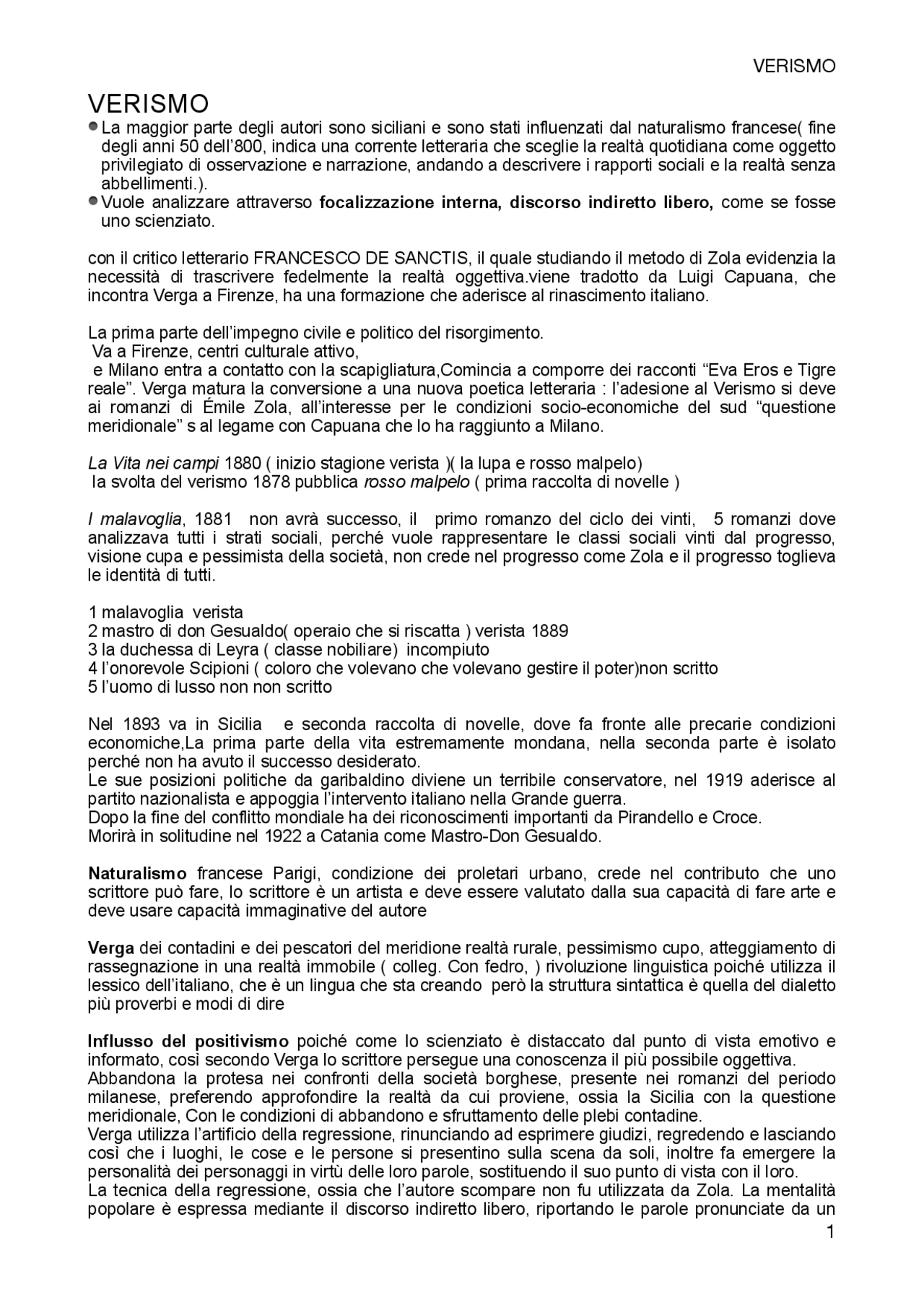 VERISMO riassunto italiano | Sintesi del corso di Italiano | Docsity