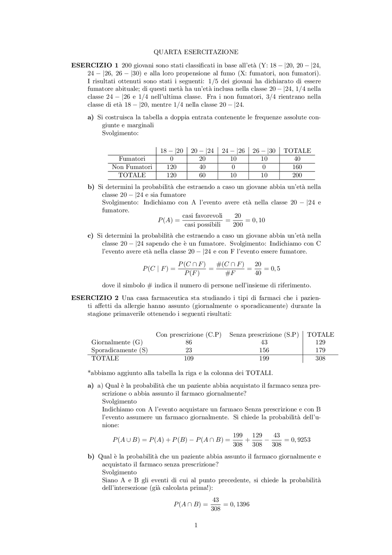 Quarta Esercitazione Statistica Docsity