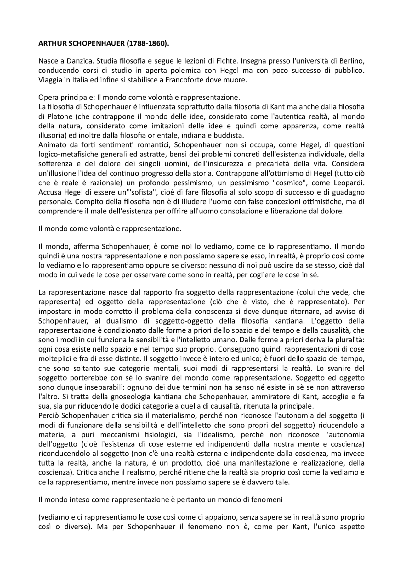Schopenhauer Filosofo Docsity