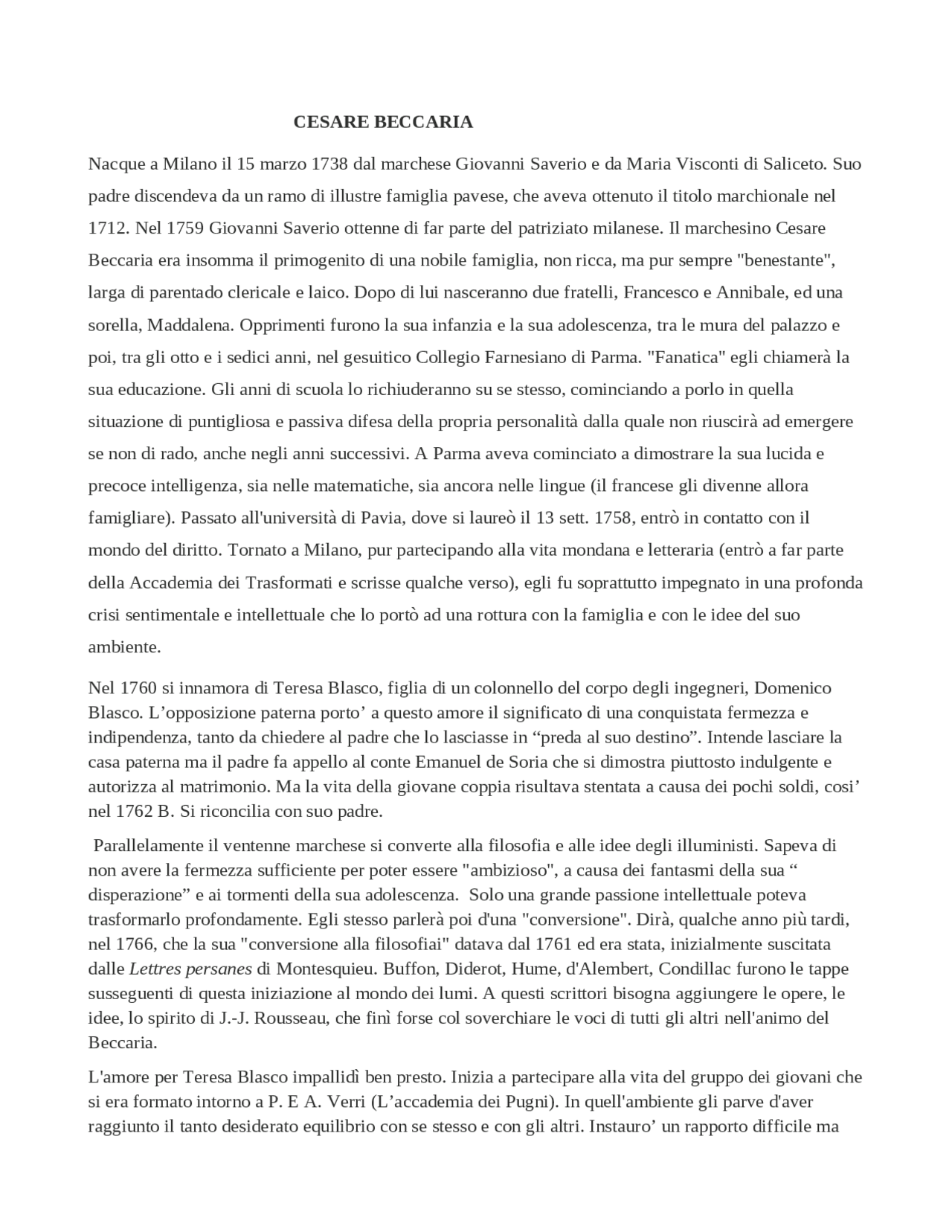 Vita E Opere Di Cesare Beccaria Docsity