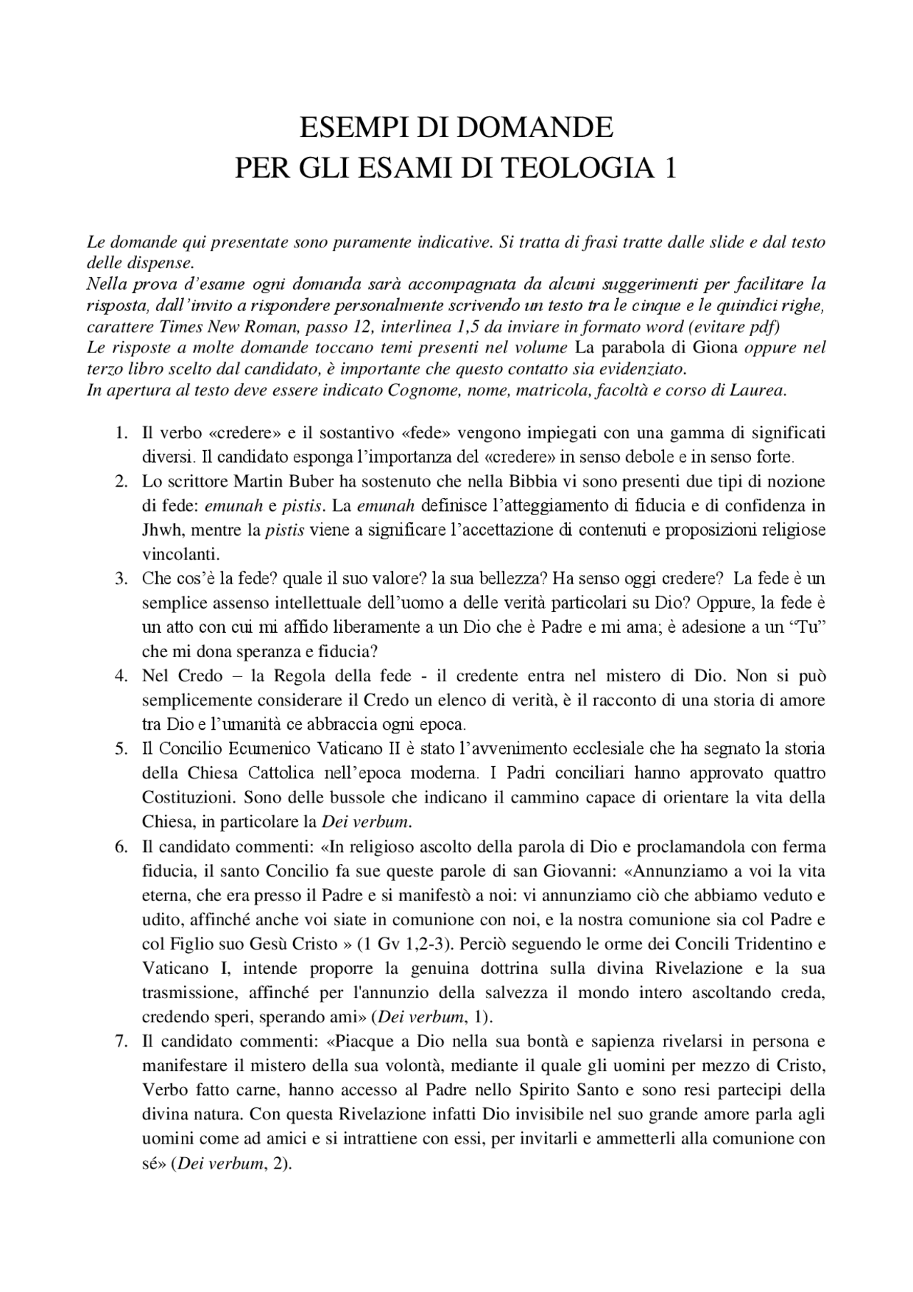 Domande Esame Teologia 1 Pessani Esercizi Di Teologia Docsity