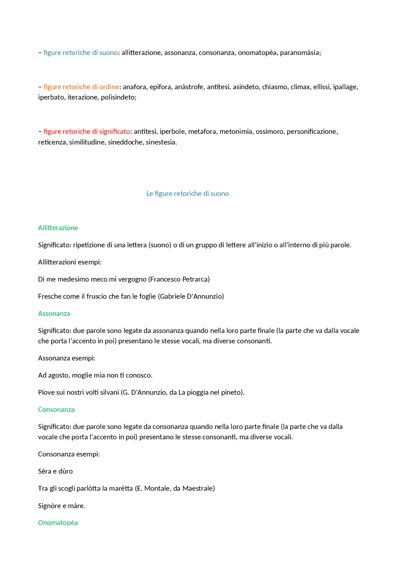 Figure retoriche di suono, di significato e di ordine - Docsity