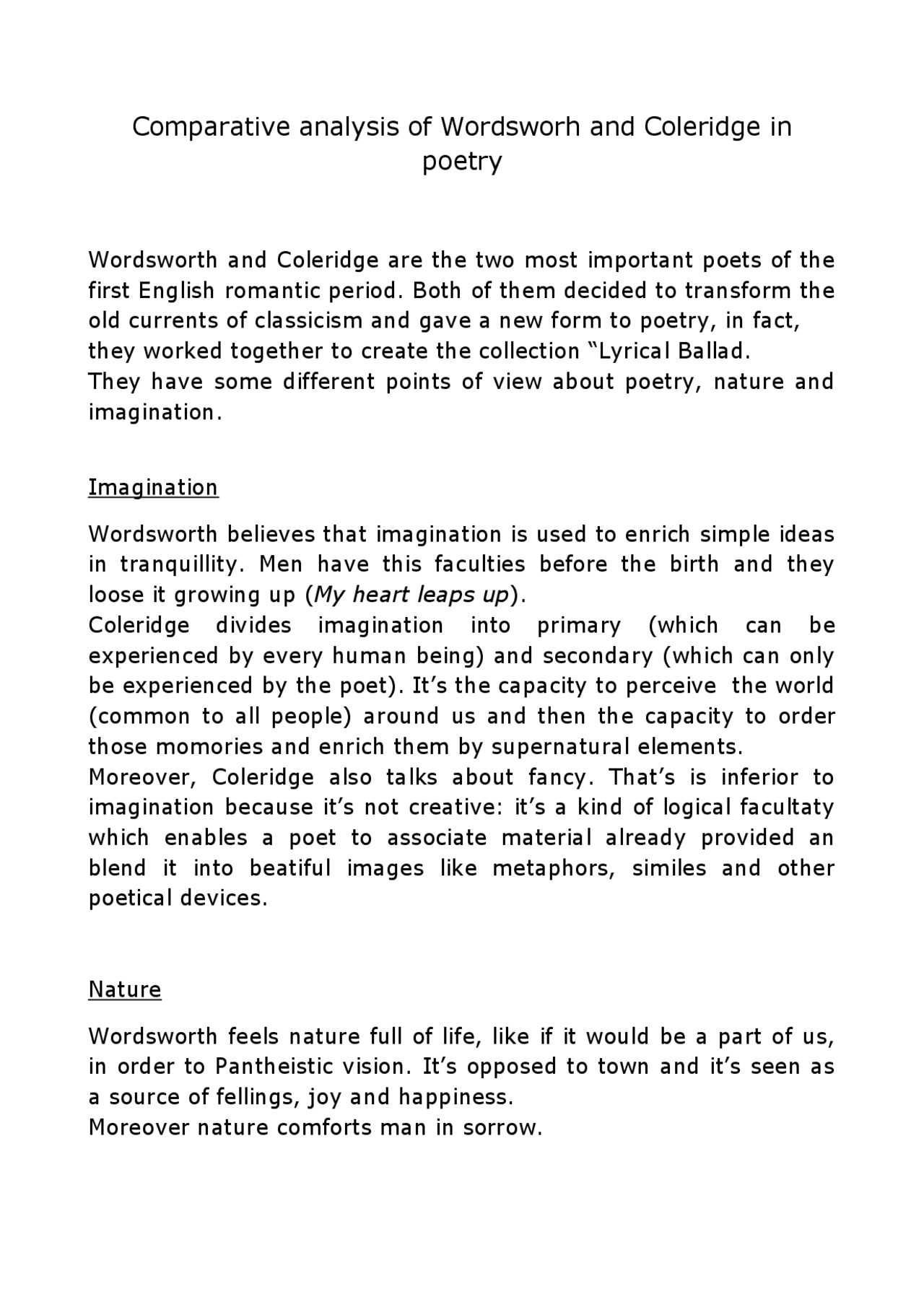 Comparative analysis of Wordsworth and Coleridge in poetry - Docsity