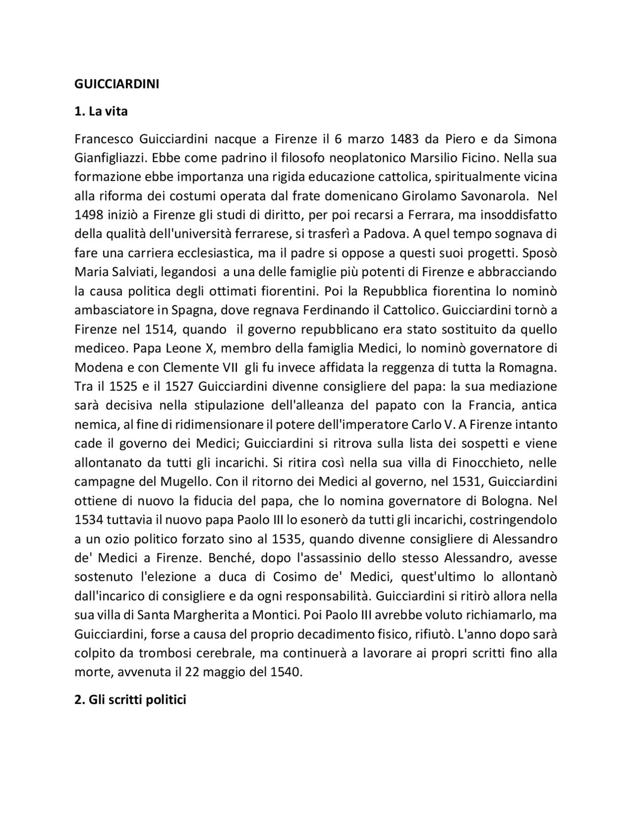 Riassunto Su Guicciardini Docsity