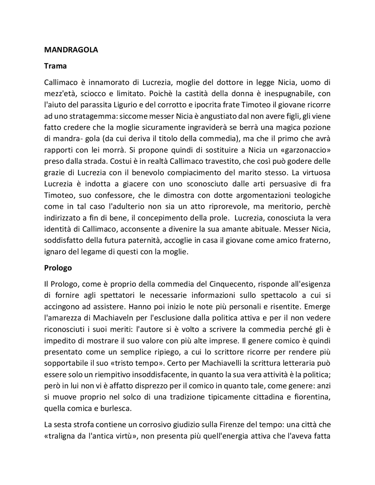 Riassunto Sulla Mandragola Docsity