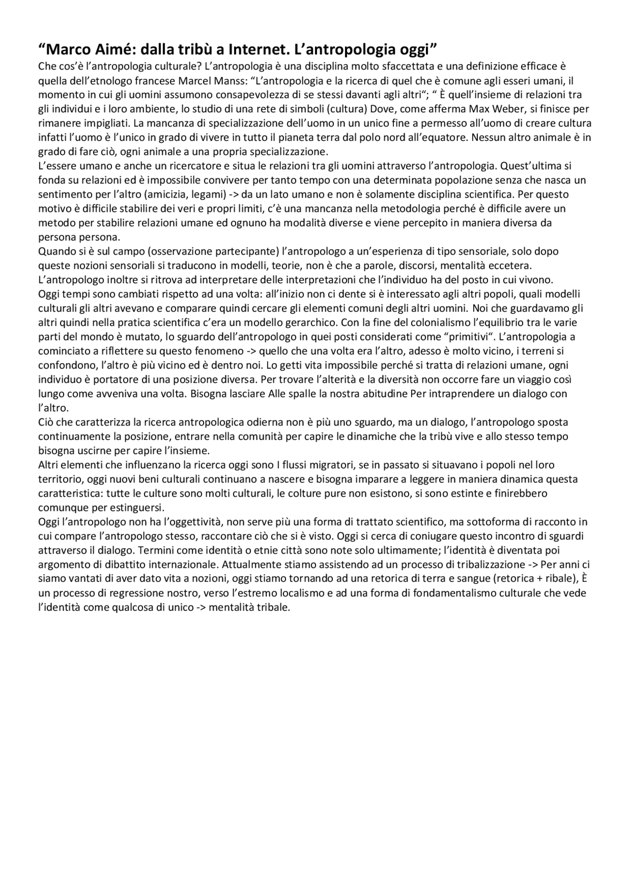 Marco Aime Lantropologia Oggi Docsity