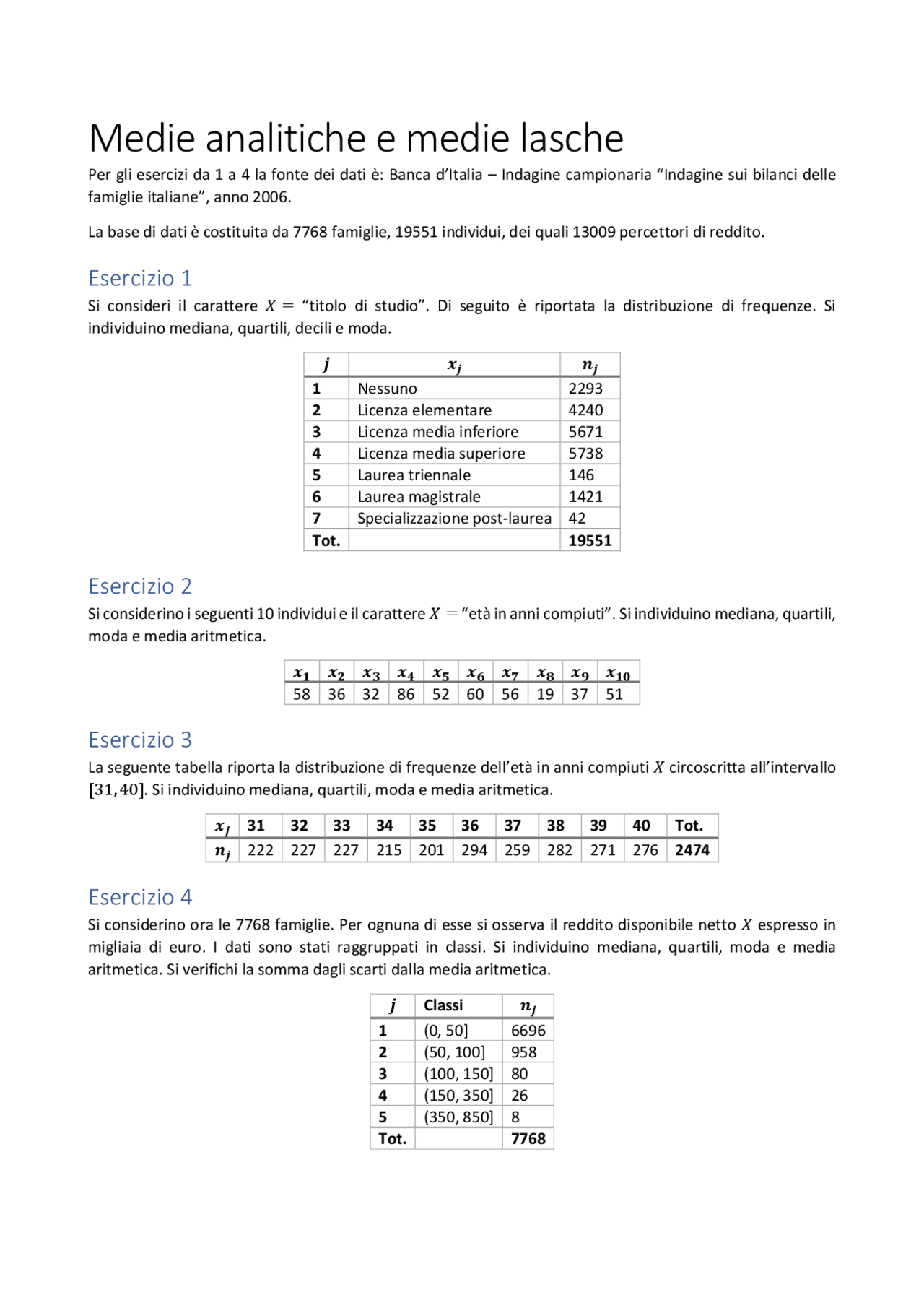 Statistica Base Esercizi Docsity