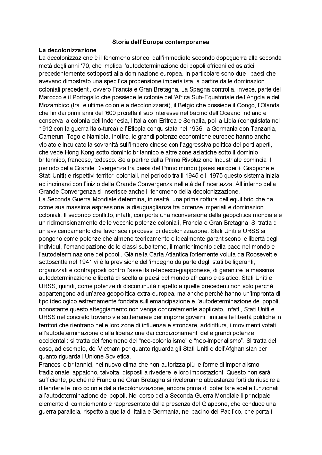 Riassunto Decolonizzazione Docsity