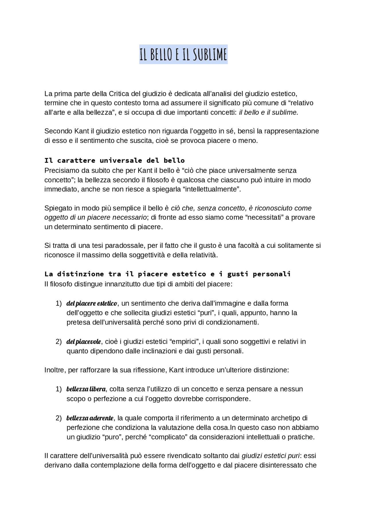 Il bello e il sublime - Docsity