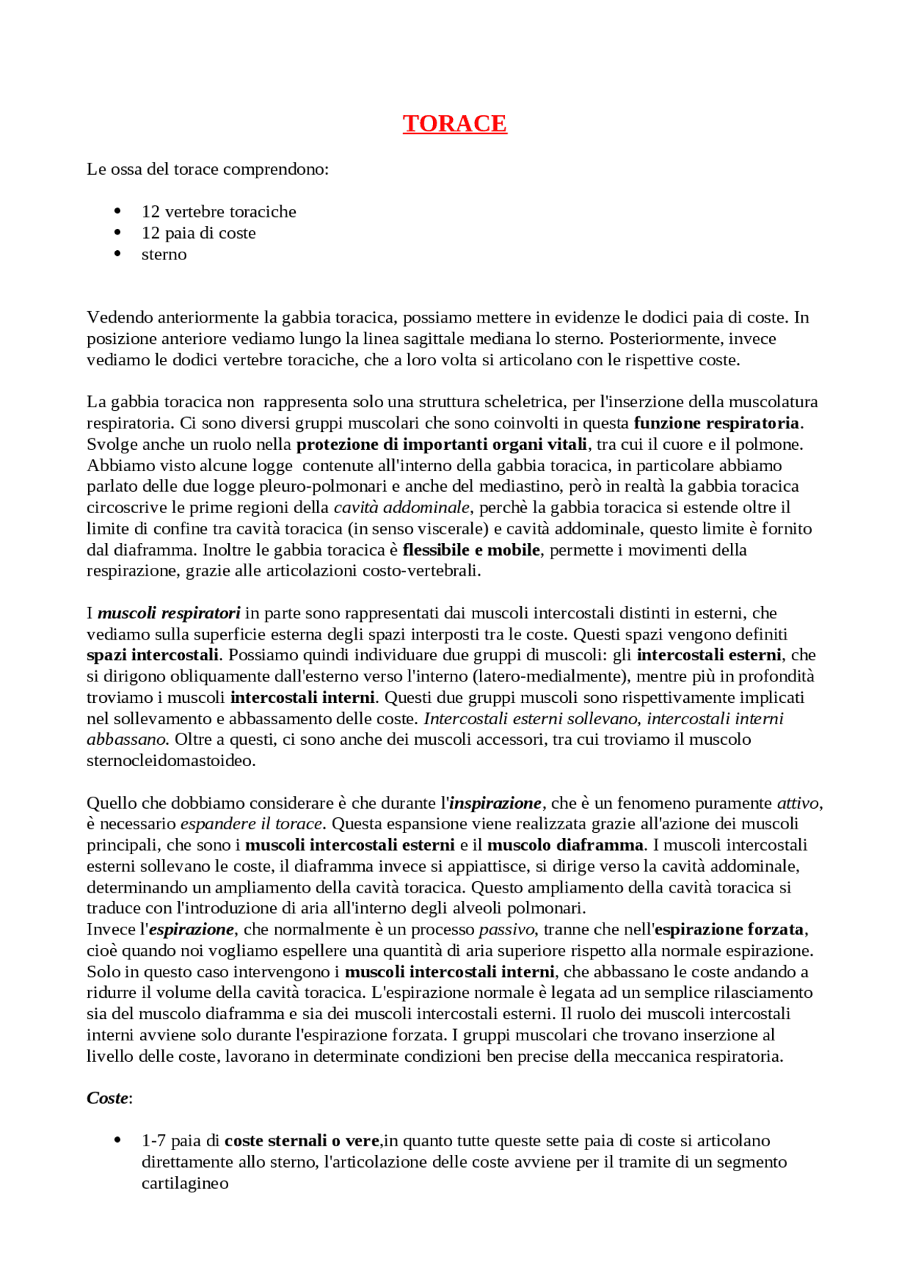 Anatomia Umana Torace Docsity