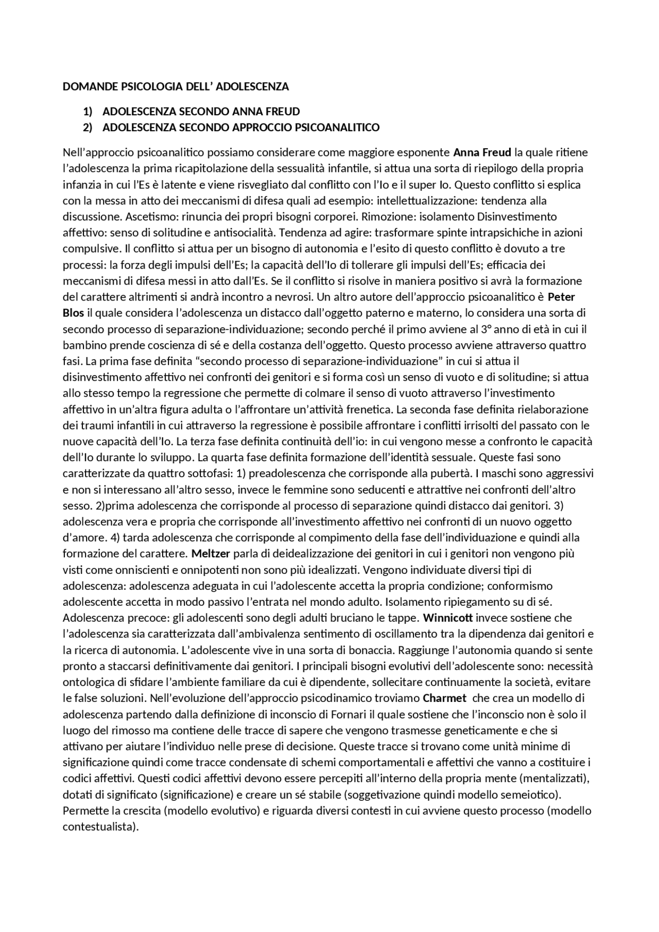 Domande E Risposte Psicologia Delladolescenza Prof Corsano Docsity