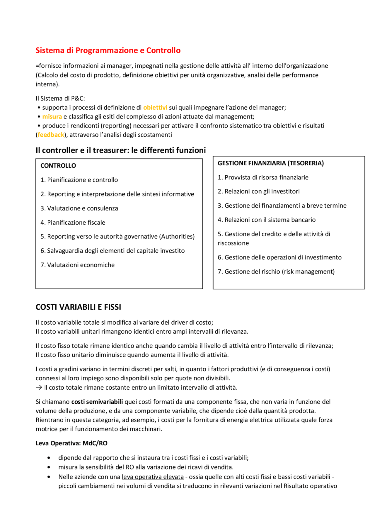 Riassunto Programmazione E Controllo Docsity