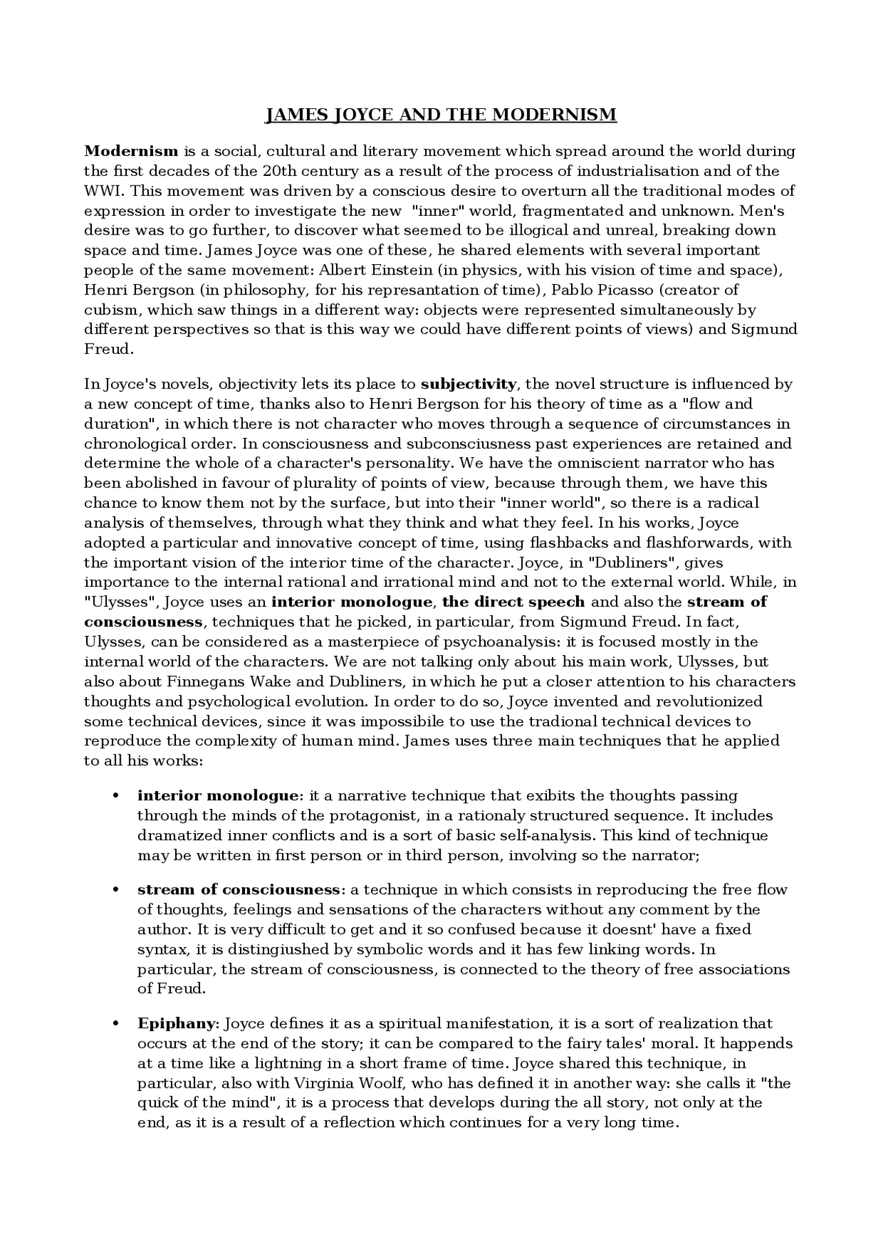 James Joyce and the Modernism - Docsity