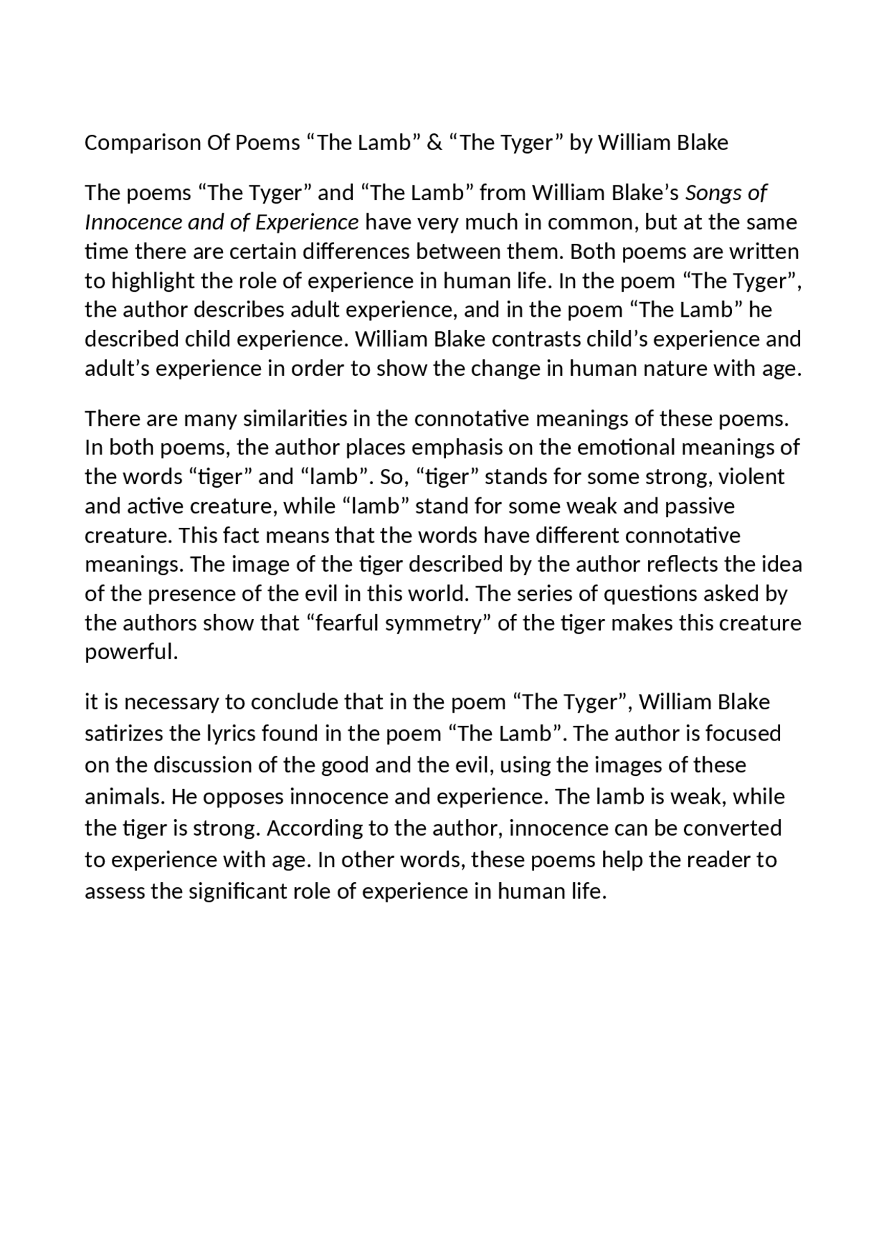 The Lamb” And The Tyger” By William Blake Docsity