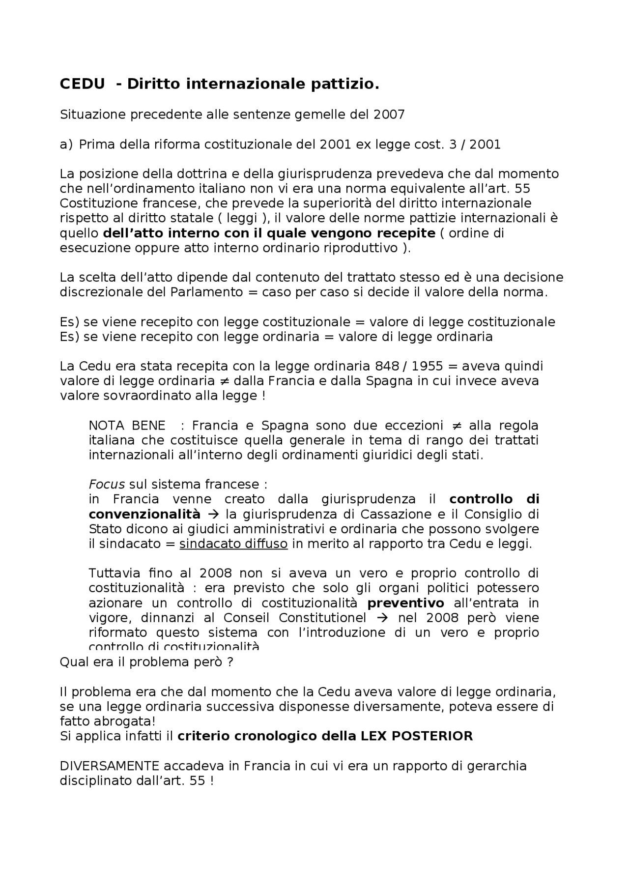 Rango costituzionale della CEDU in Italia - Docsity