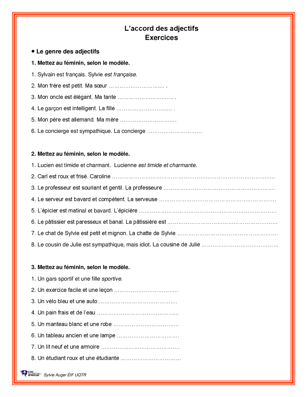 Les adjectifs en français - Docsity