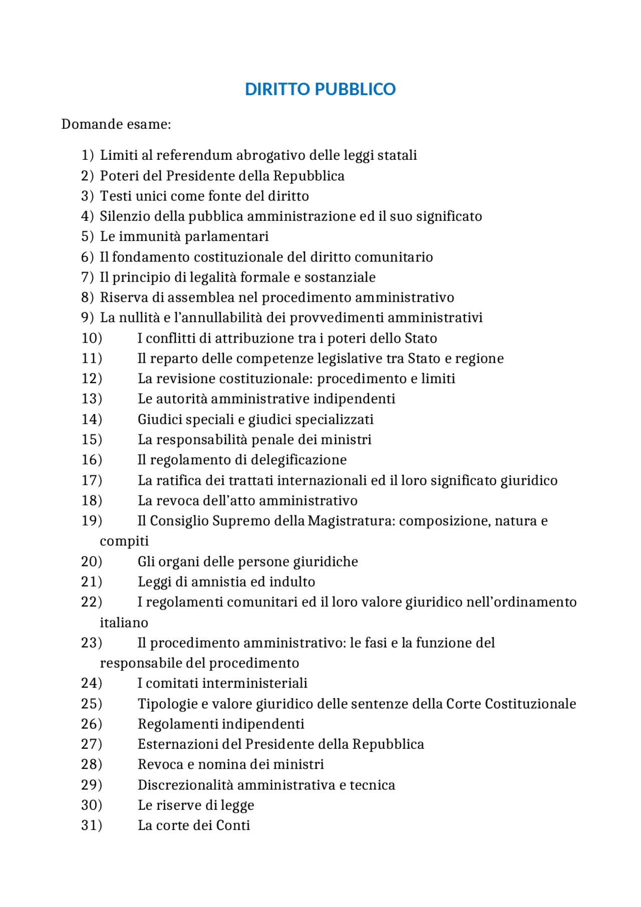 Domande esame Diritto Pubblico - Docsity