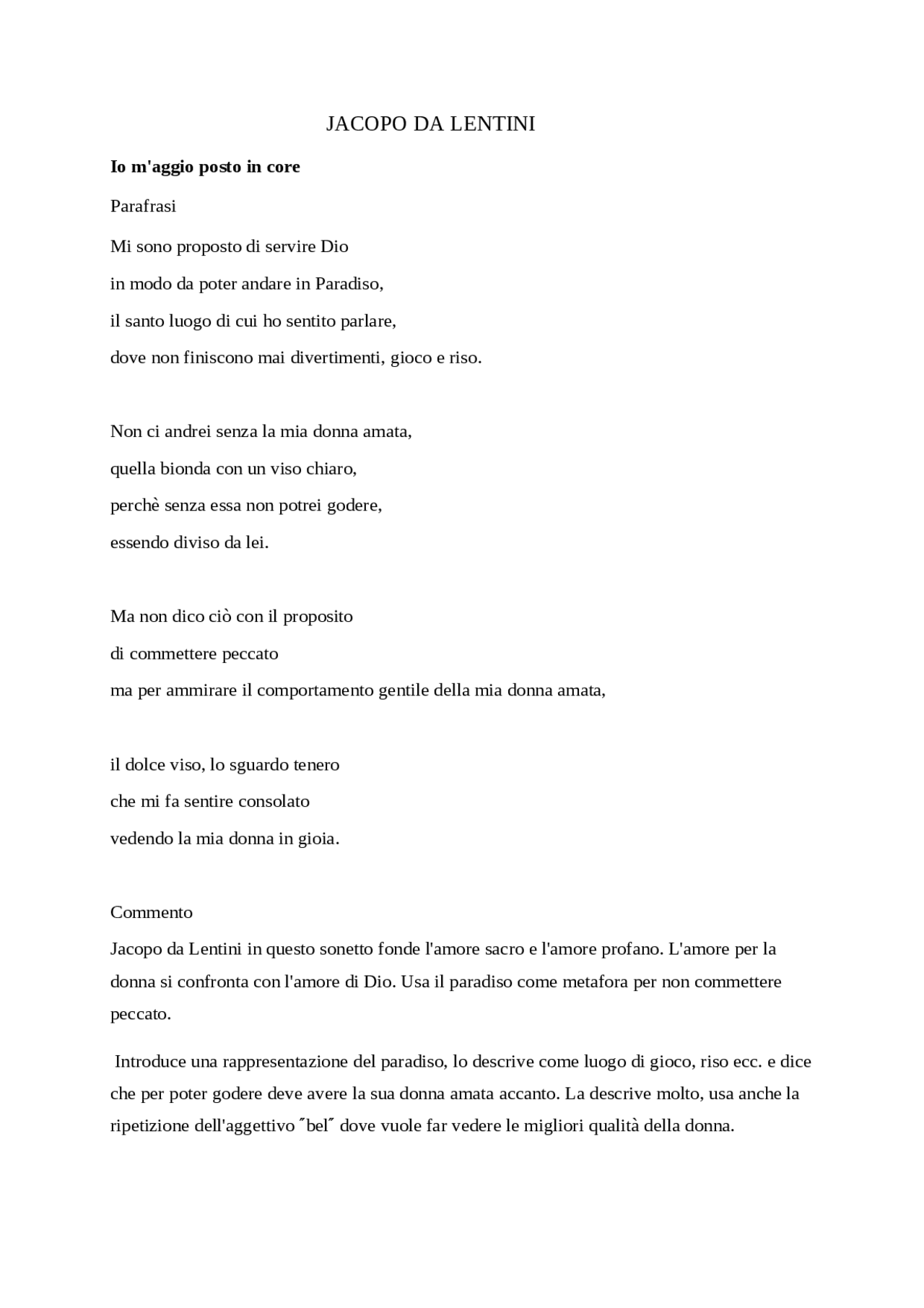 Jacopo da Lentini sonetti | Appunti di Italijanski jezik | Docsity