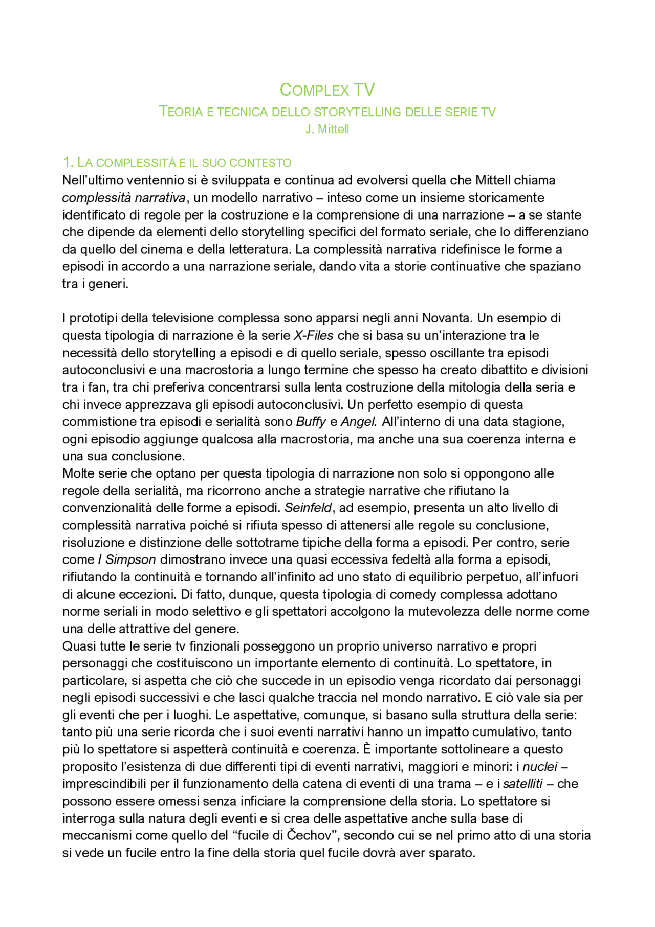Sintesi Complex Tv J Mittell Docsity