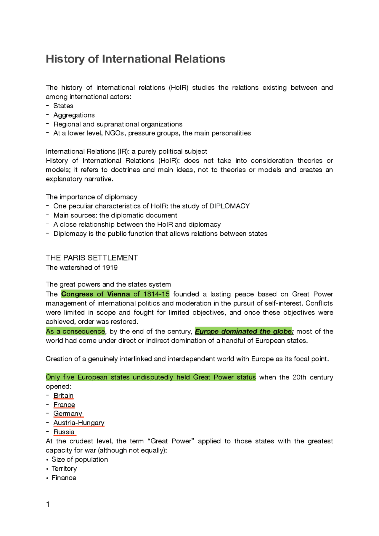 History of international relations - Docsity