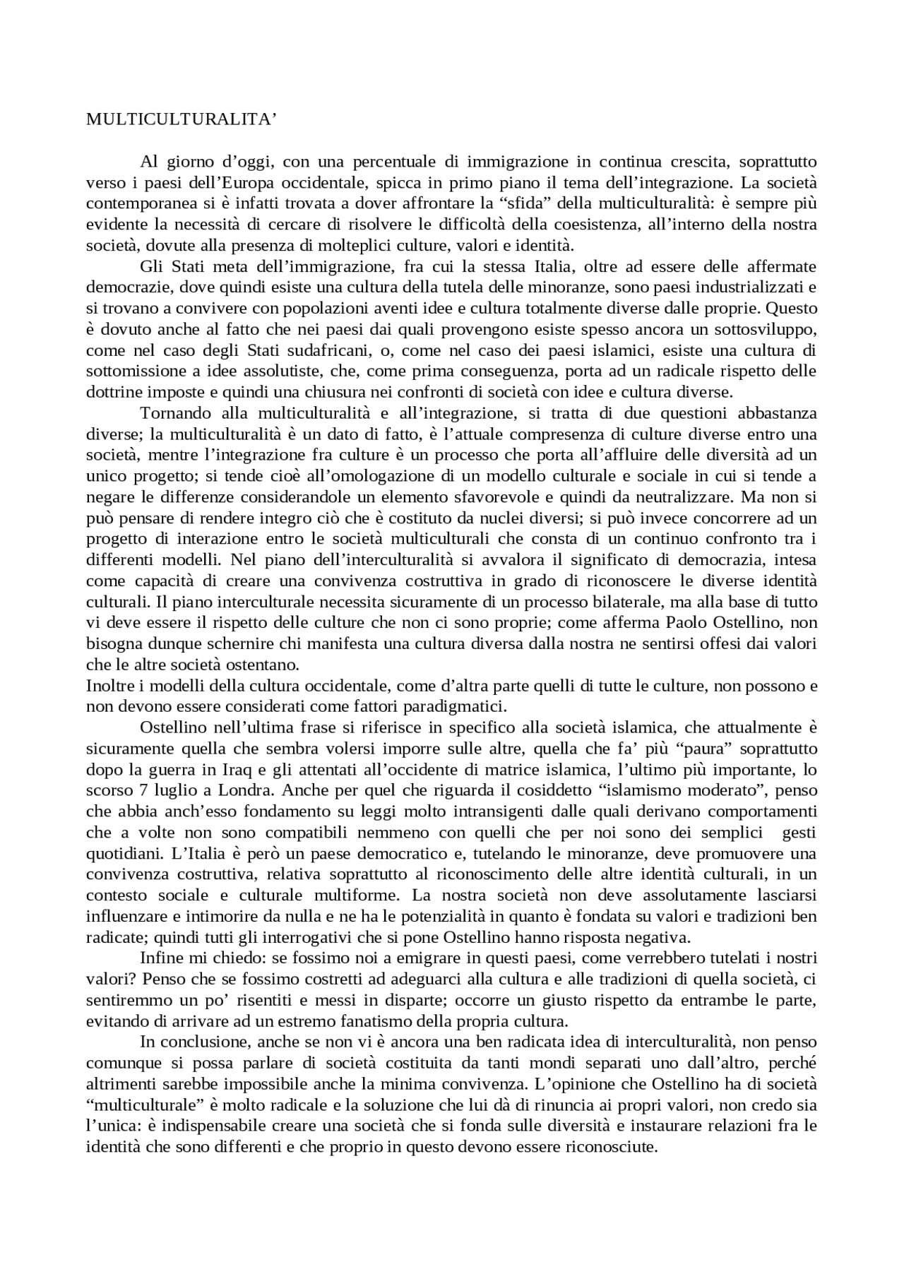 Multiculturalità Appunti Docsity