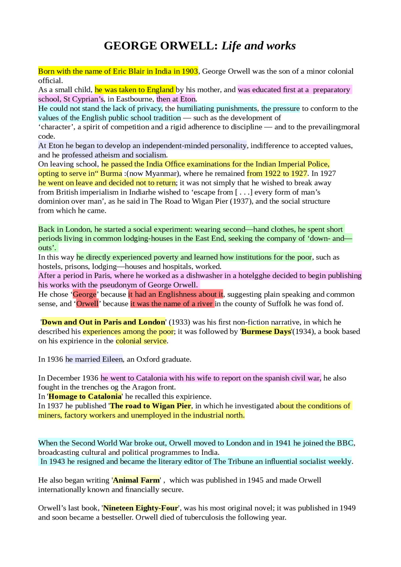 Riassunto In Inglese Su Orwell Docsity