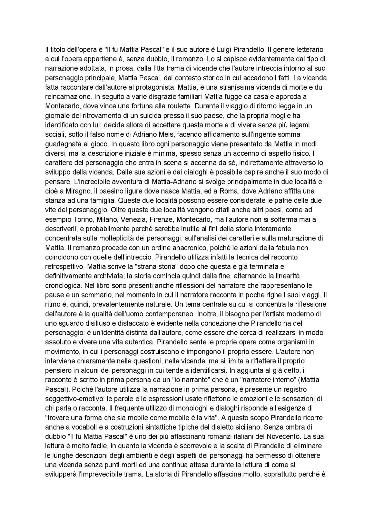 Il Fu Mattia Pascal Luigi Pirandello Docsity