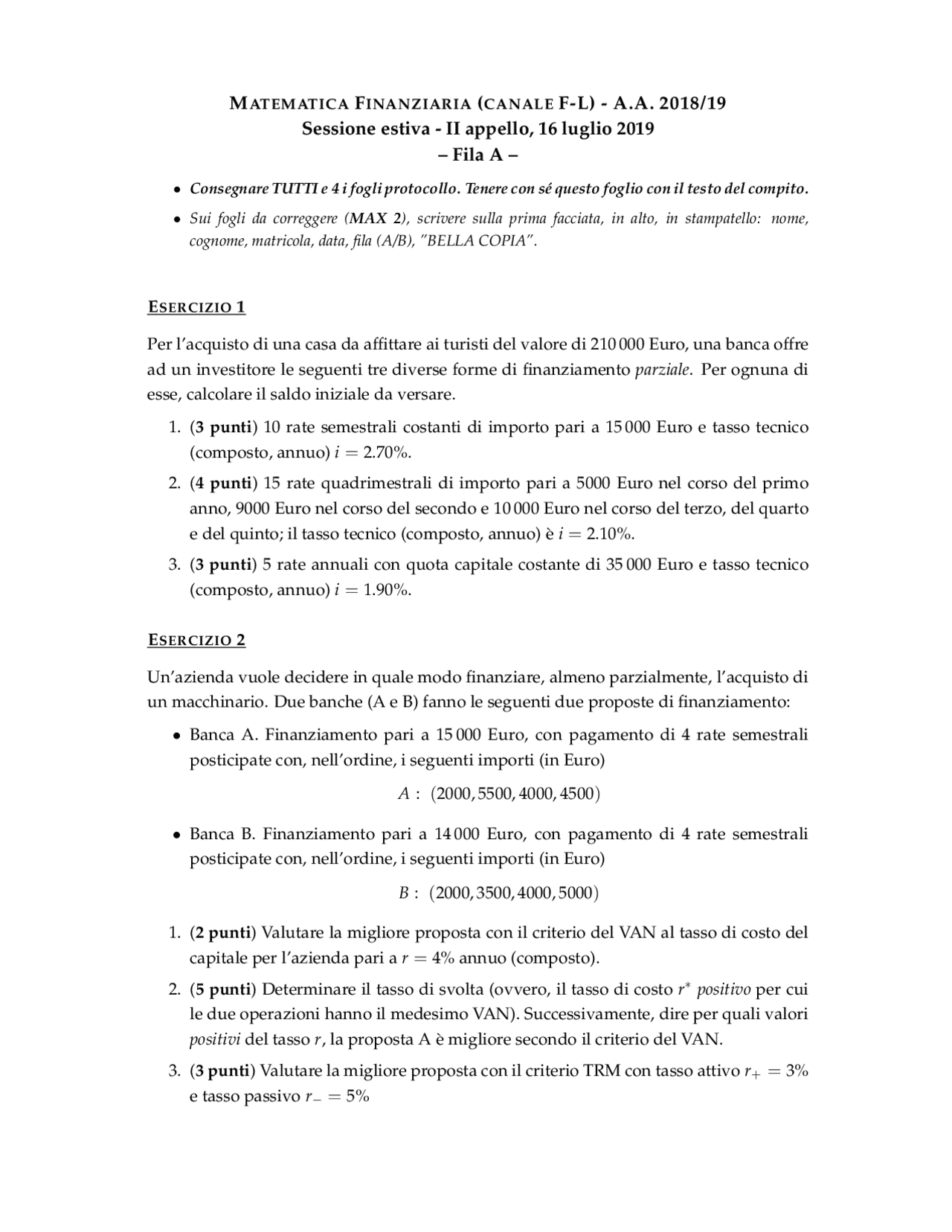 SOLUZIONI ESERCIZI DA COMPITO | Esercizi di Matematica Finanziaria - Docsity