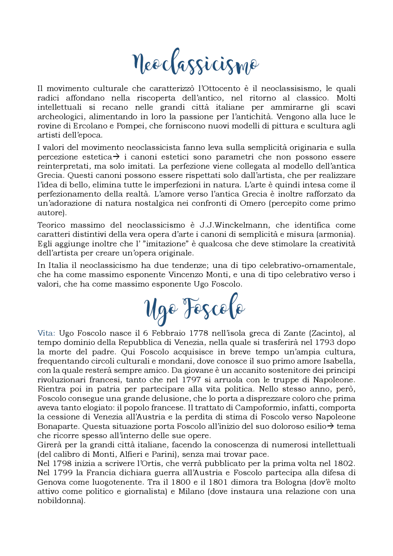 Neoclassicismo E Ugo Foscolo Docsity