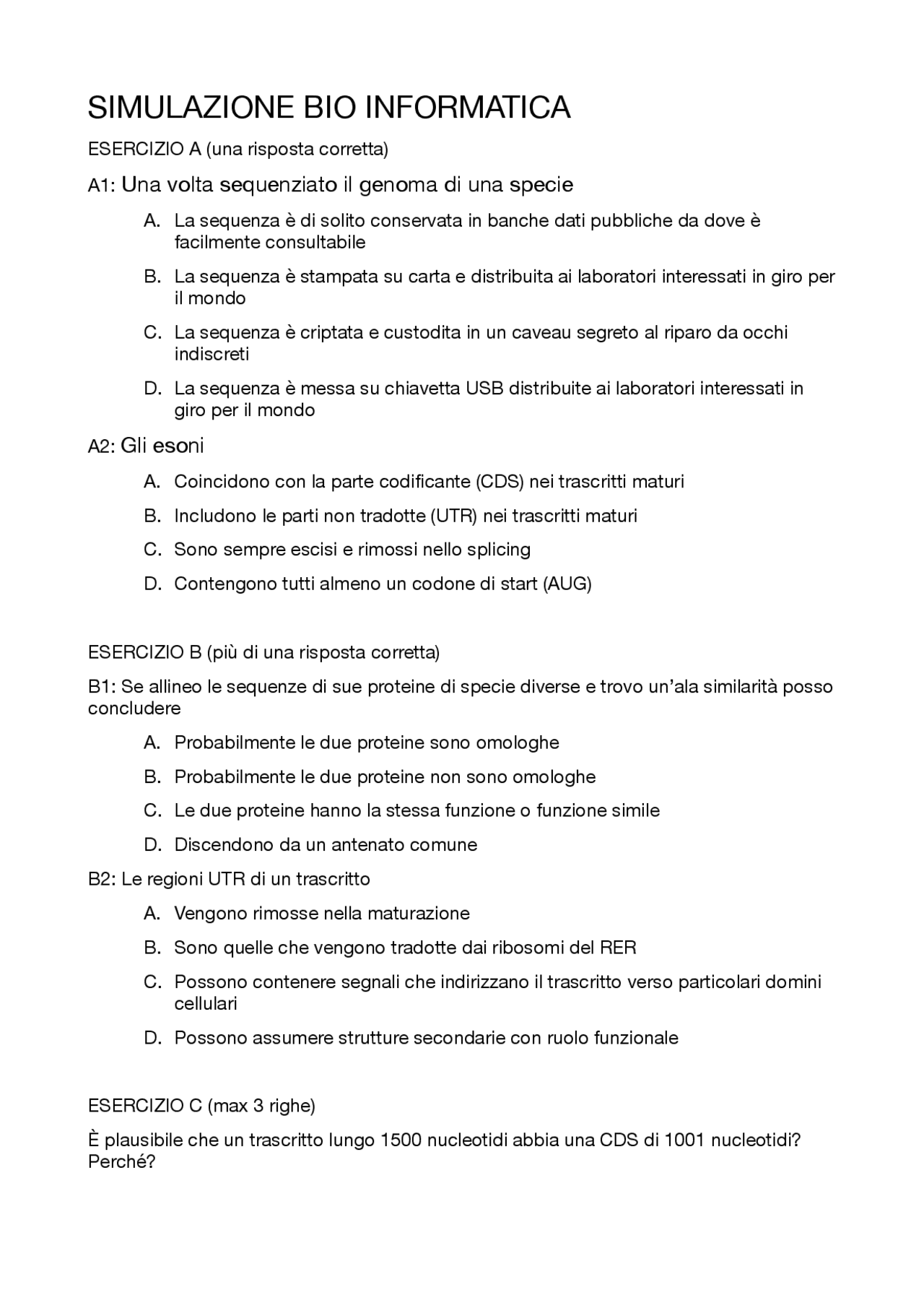 Simulazione Esame Bio Informatica Prove Desame Di Bioinformatica