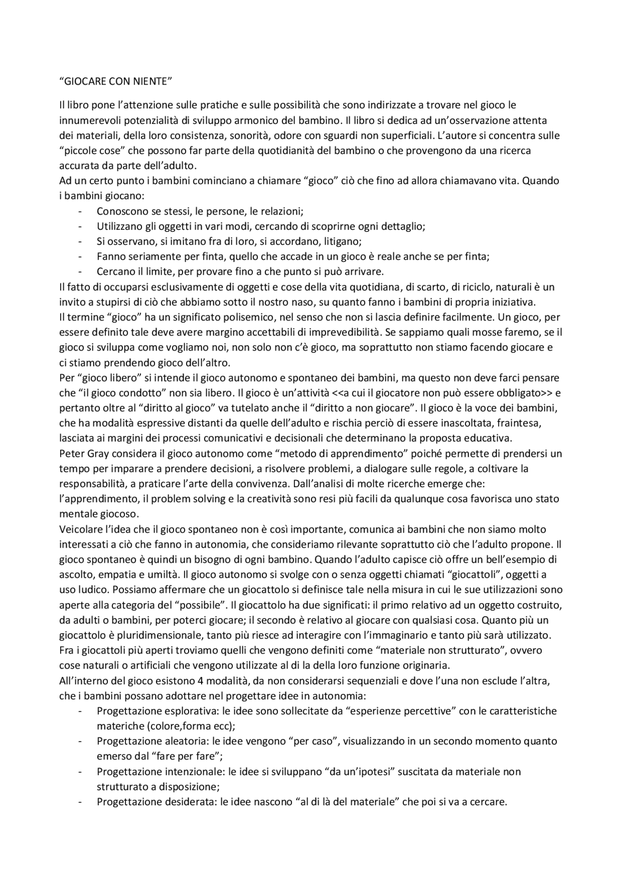 Riassunto Libro Giocare Con Niente Docsity