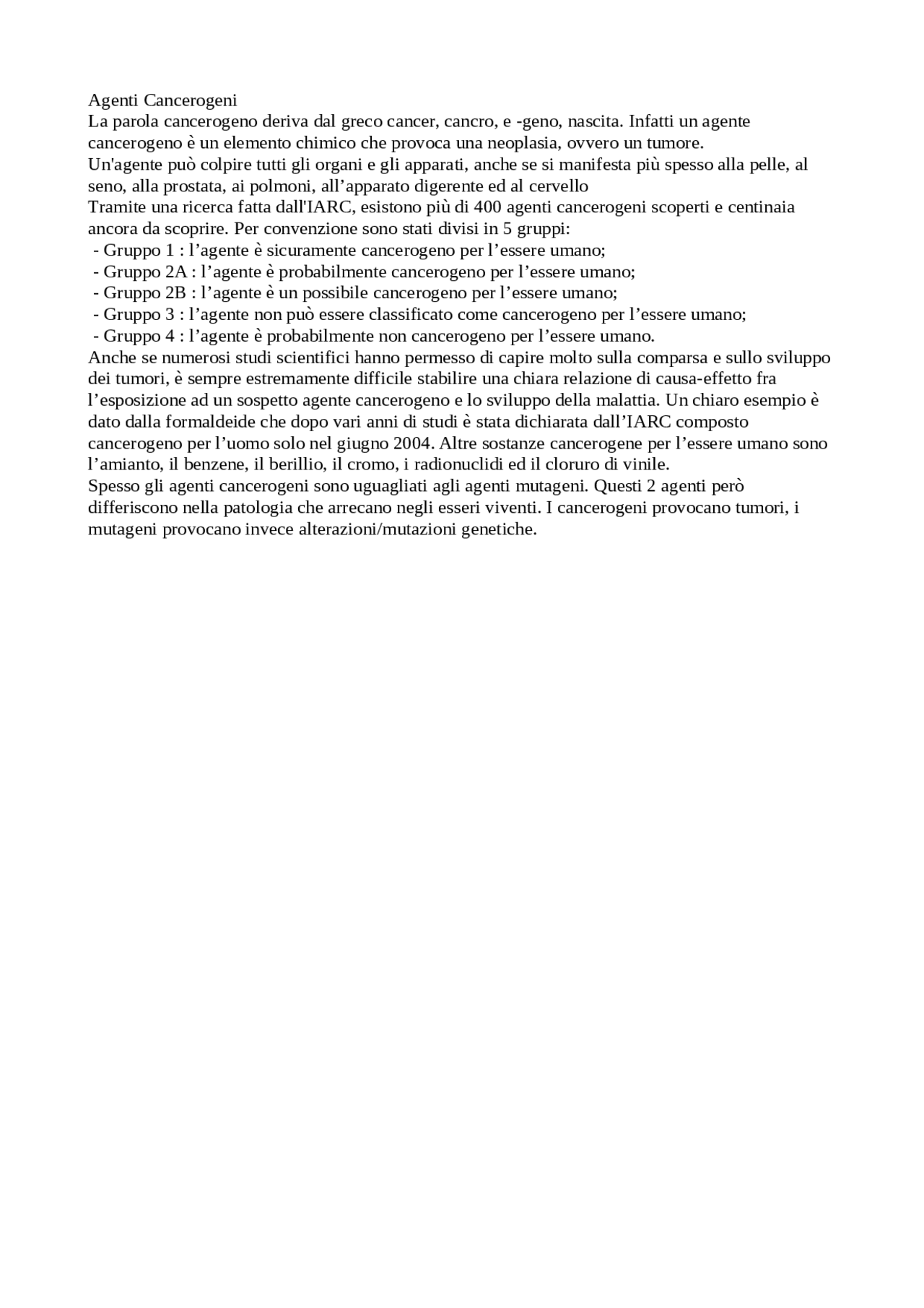 Agenti Cancerogeni Riassunto Docsity