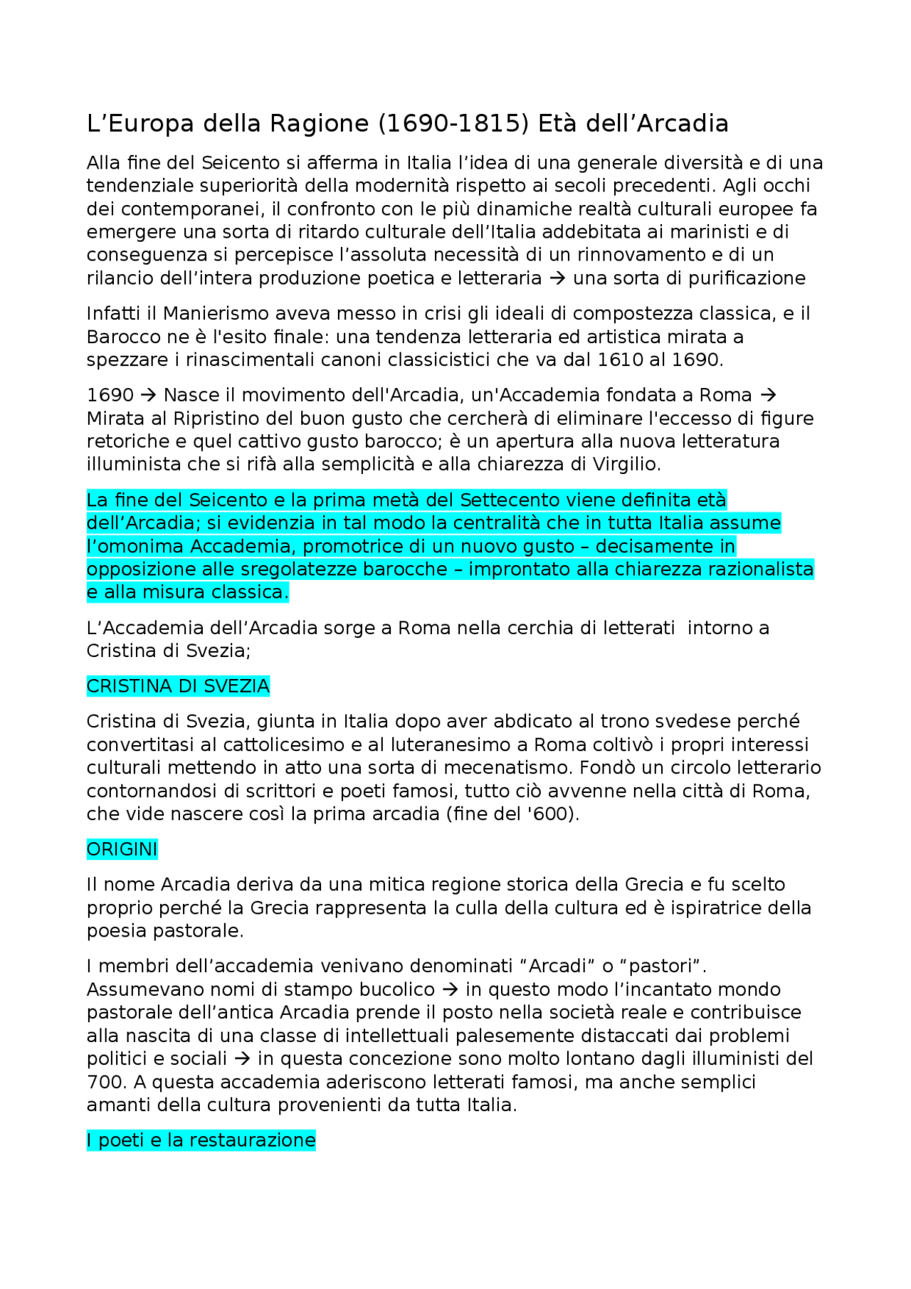 L'età dell'Arcadia e il Melodramma - Docsity