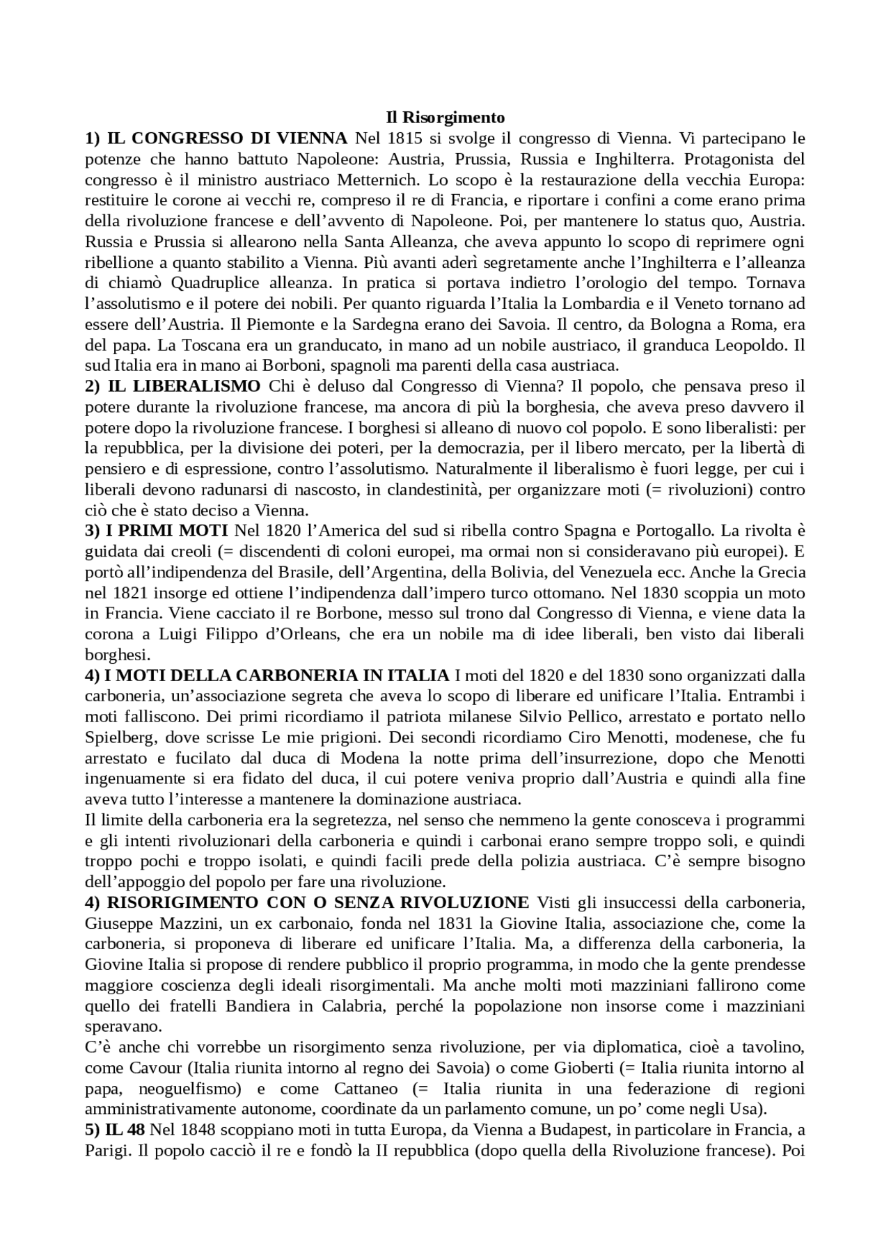 Riassunto della storia del Risorgimento - Docsity