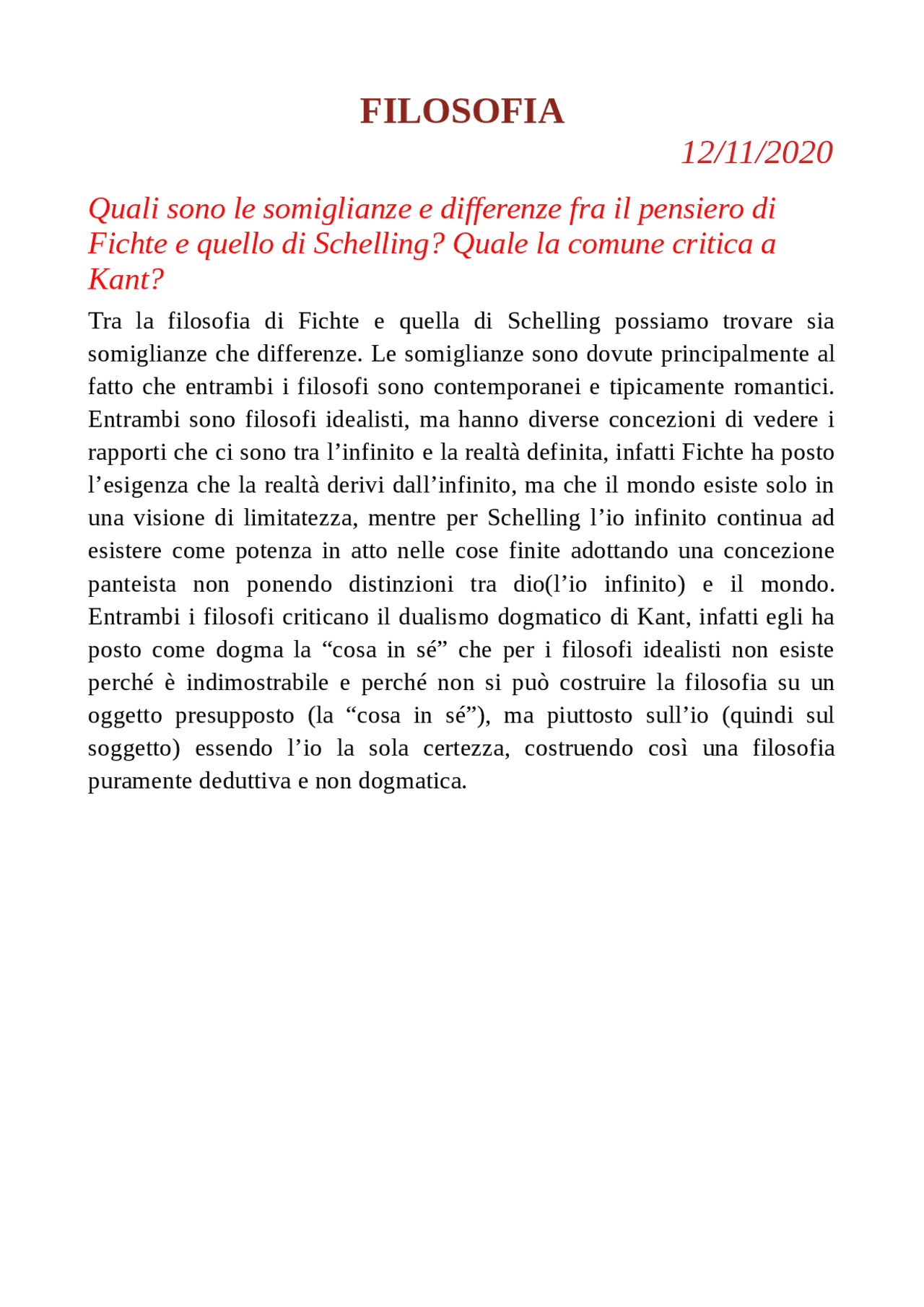 Differenze Tra Fichte E Schelling Docsity