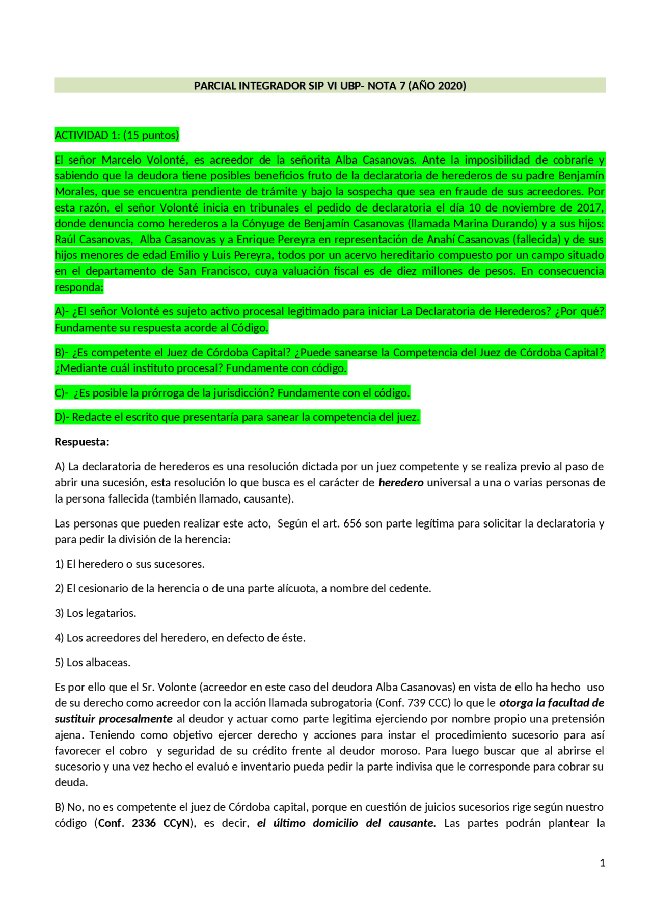 Parcial Unico De Sip 6 AÑo 2020 Ubp Exámenes De Derecho Procesal