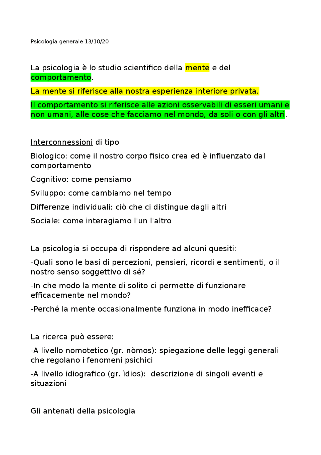 Lezione Di Psicologia Generale Docsity