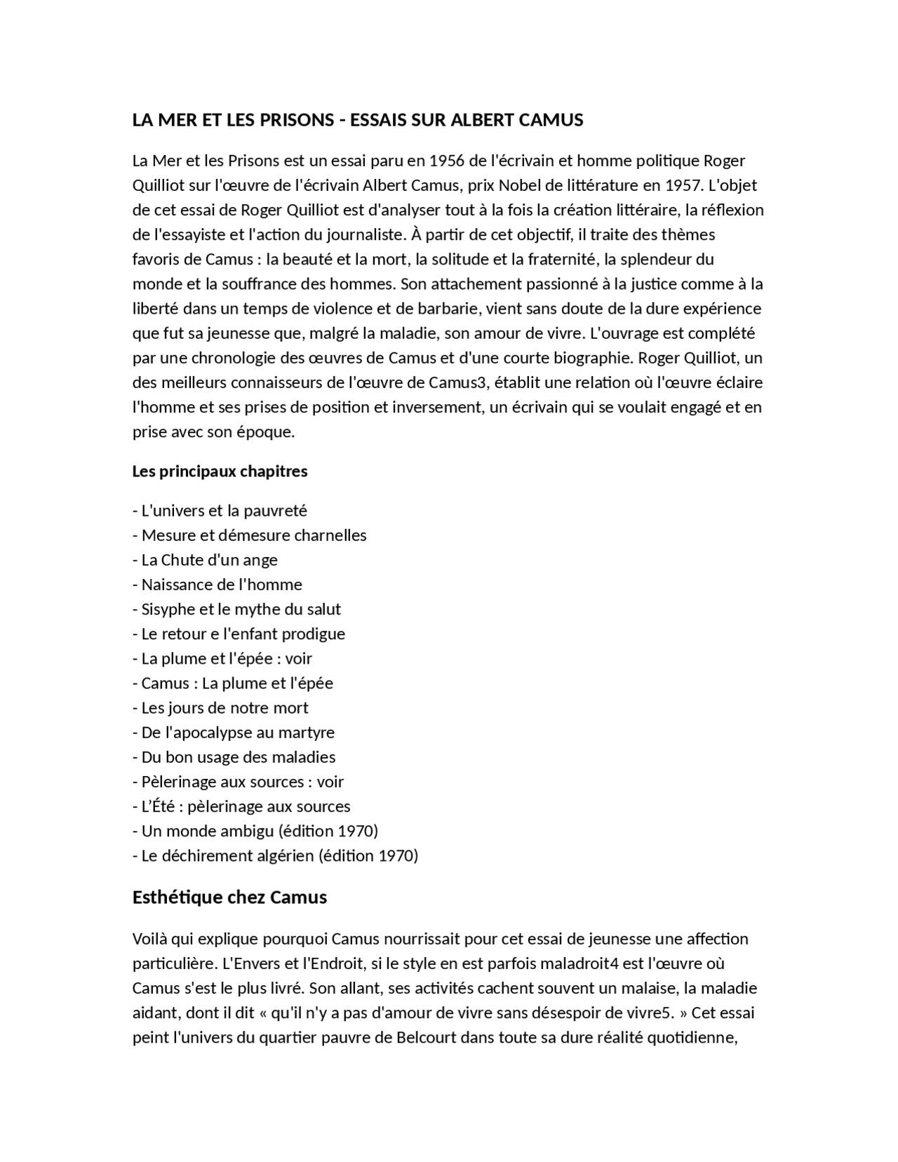 La mer et les Prisons - Essais sur Albert Camus. - Docsity