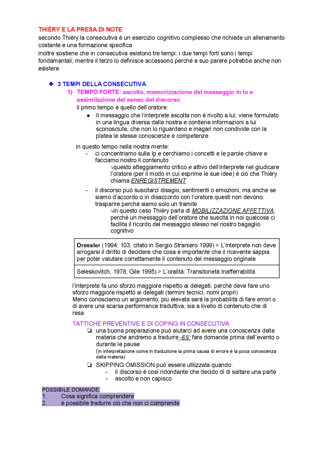 INTERPRETAZIONE CONSECUTIVA SECONDO THIéRY & SELESKOVITCH - Docsity