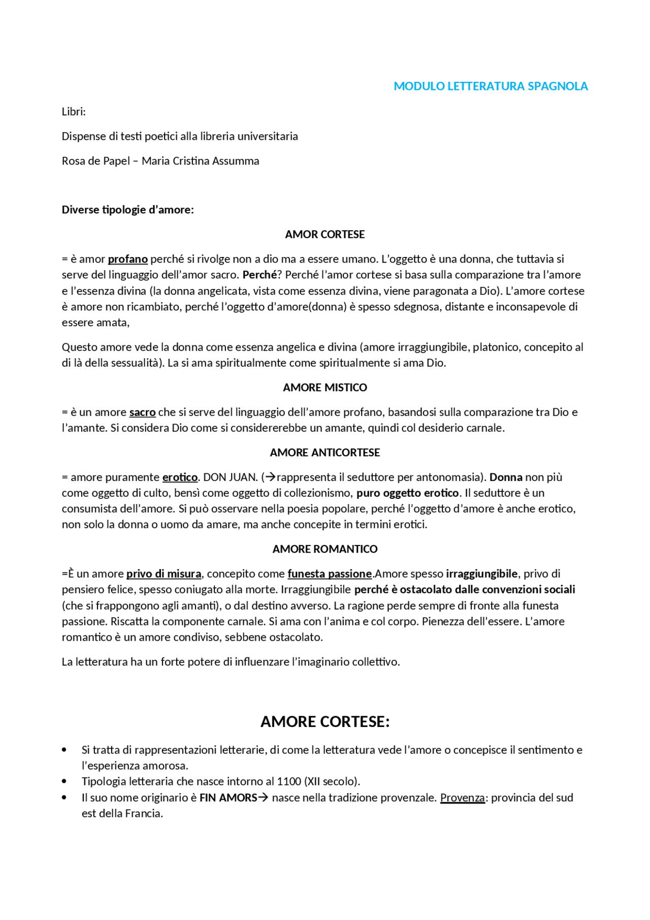 Modulo Letteratura Spagnola Completo Prof Assumma Docsity