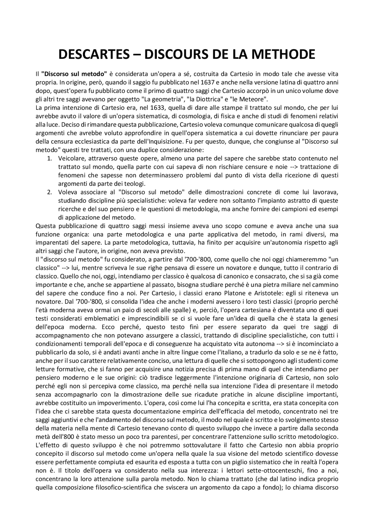 Appunti Discorso Sul Metodo Di Cartesio Docsity