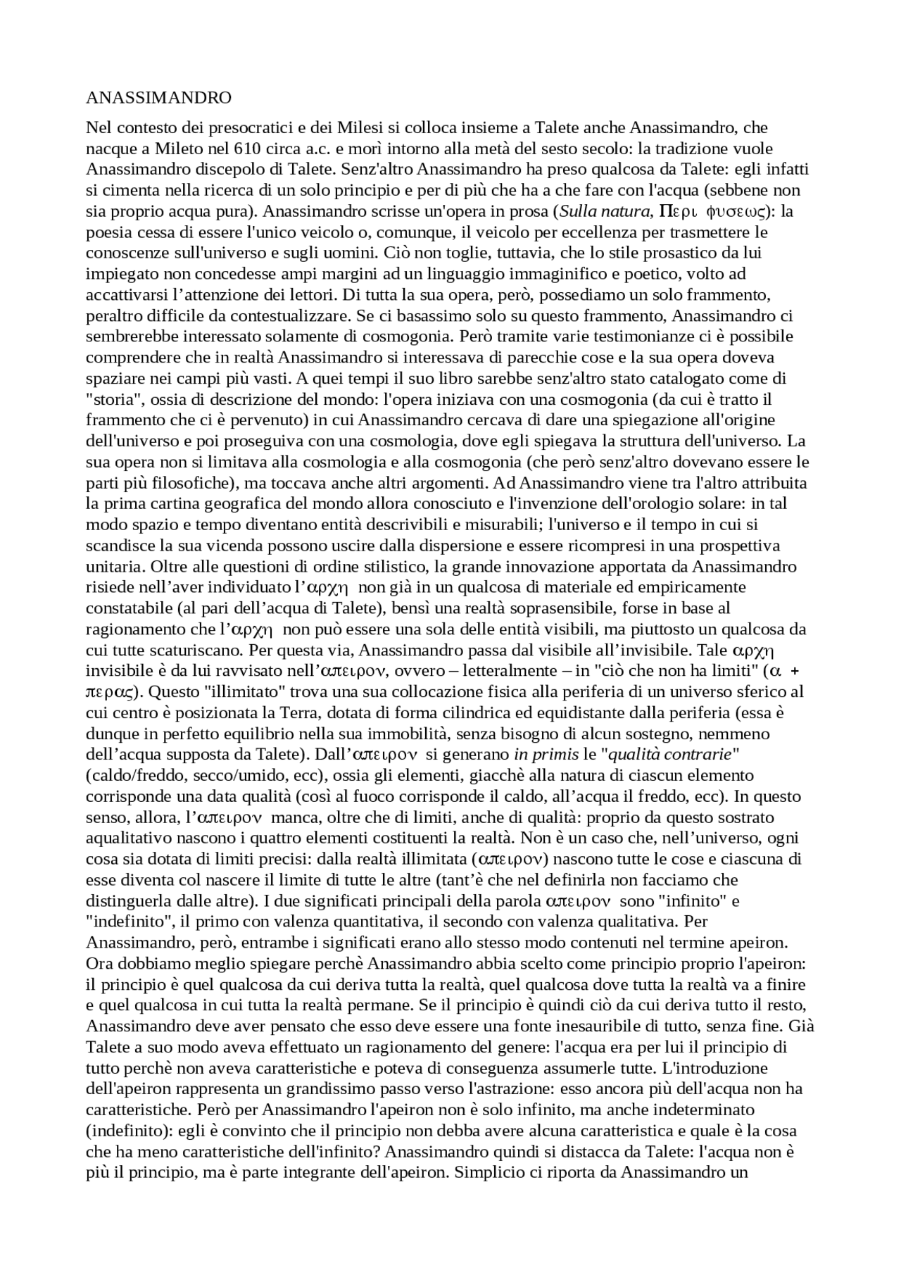 Anassimandro Riassunto Docsity