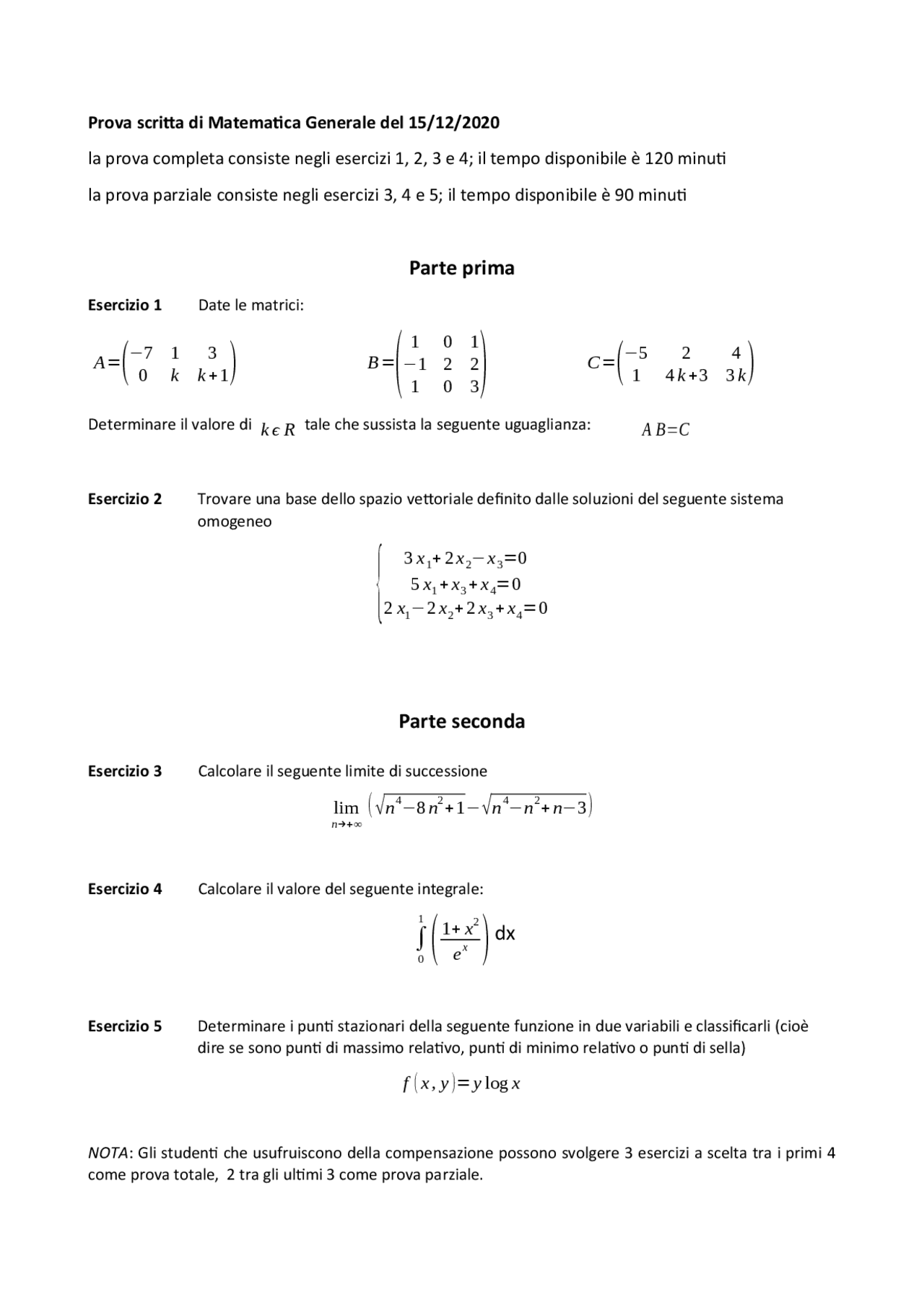 Prova Scritta Matematica Generale Canale A Docsity